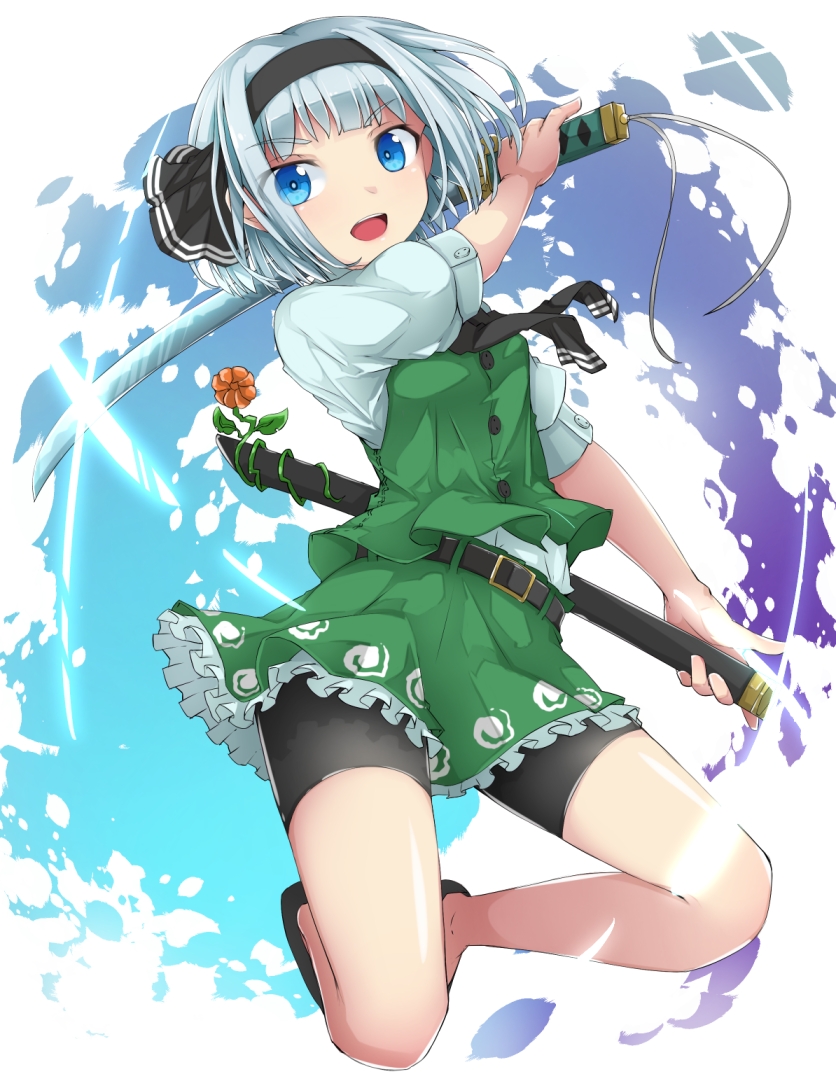 Safebooru - 1girl belt bike shorts blue eyes blue sky clouds flower hair rings katana konpaku ...