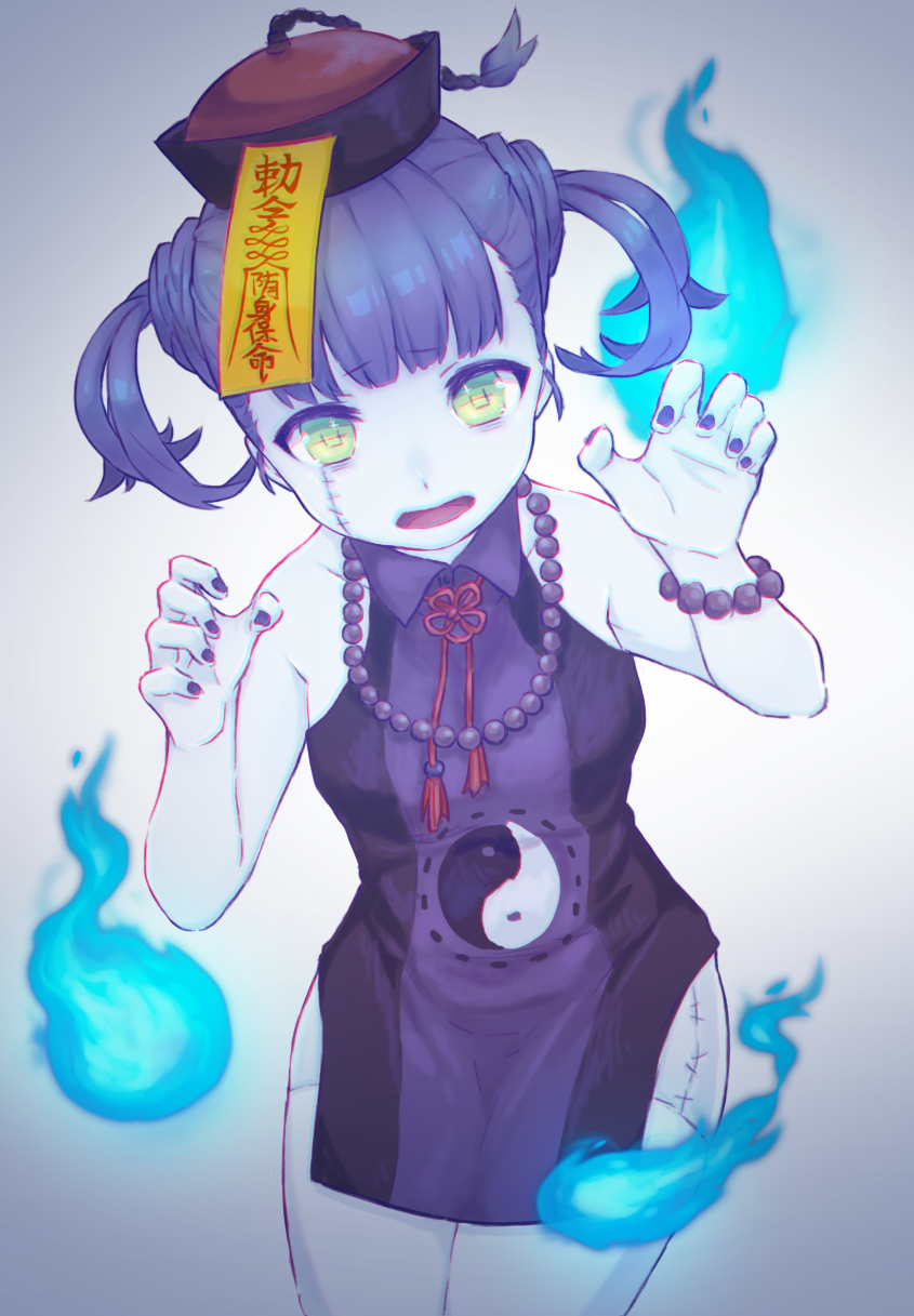 Safebooru - 1girl bare shoulders beads blue hair blue skin china dress ...