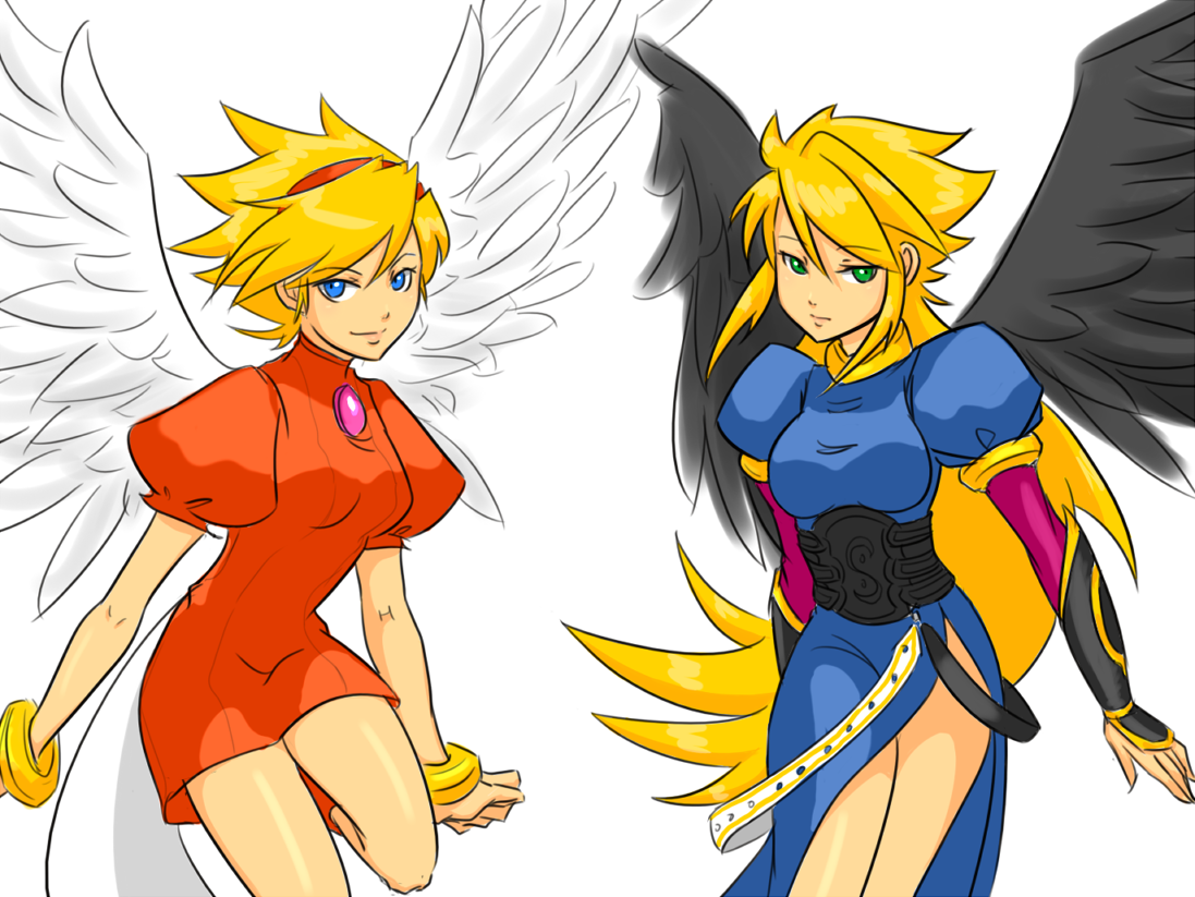 Safebooru - 2girls angel wings black wings blonde hair blue eyes breasts breath of fire breath ...