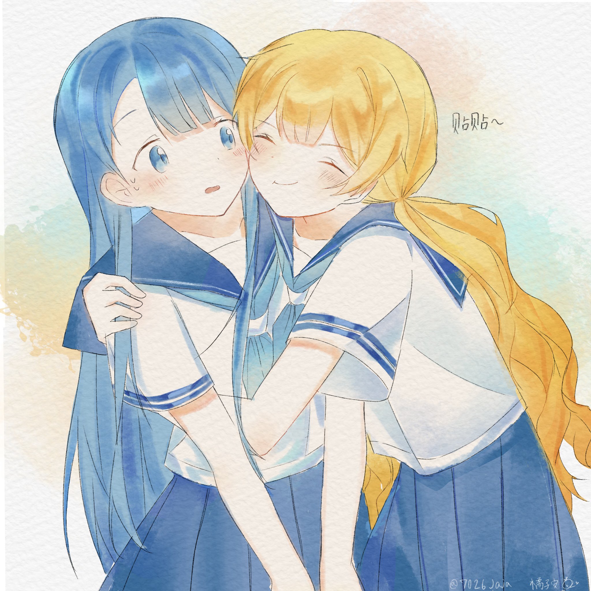 Safebooru - 2girls 7026jaja aoi (ado) blonde hair blue eyes blue hair blue neckerchief blue ...