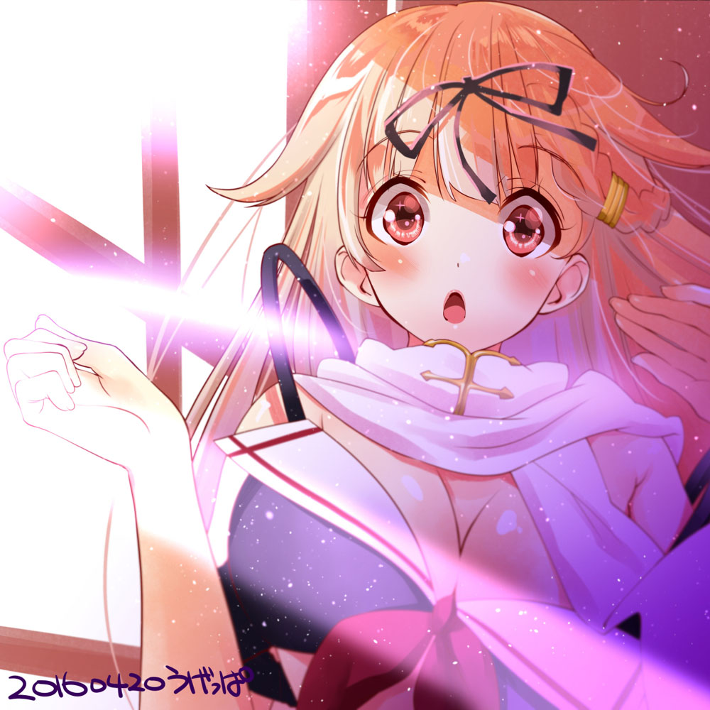 Safebooru - 1girl :o bikini top black ribbon blonde hair breasts dated hair flaps hair ornament ...