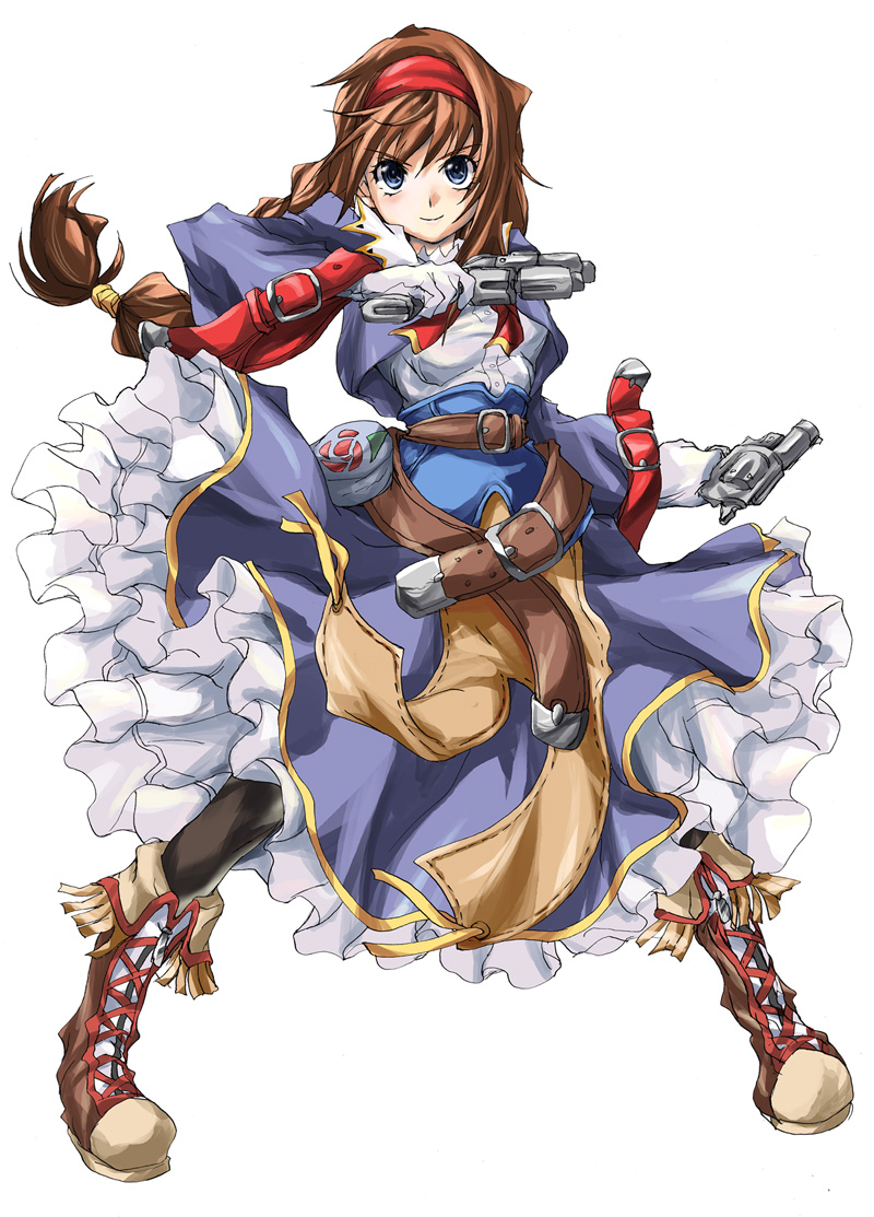 Safebooru - akimbo blue eyes boots brown hair dress dual wield dual ...