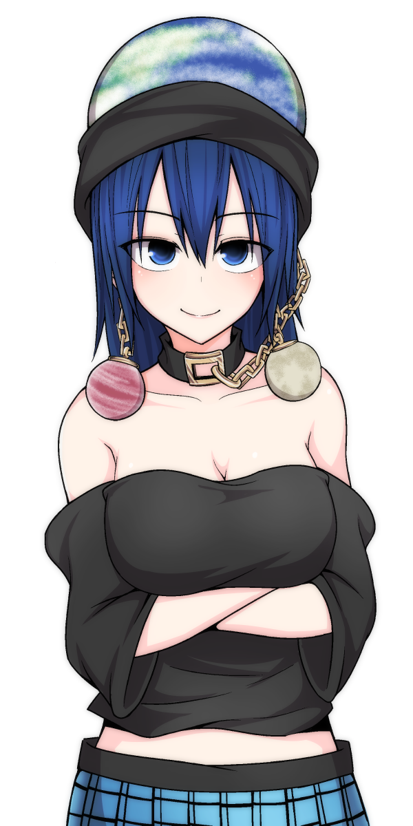 Safebooru - 1girl bare shoulders blue eyes blue hair breasts chain cleavage collar crossed arms ...