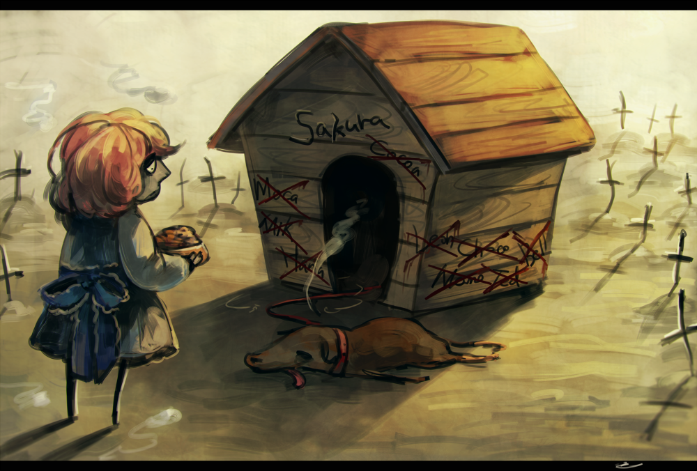 Safebooru - 1girl death dog graveyard koto inari pink hair sad ...