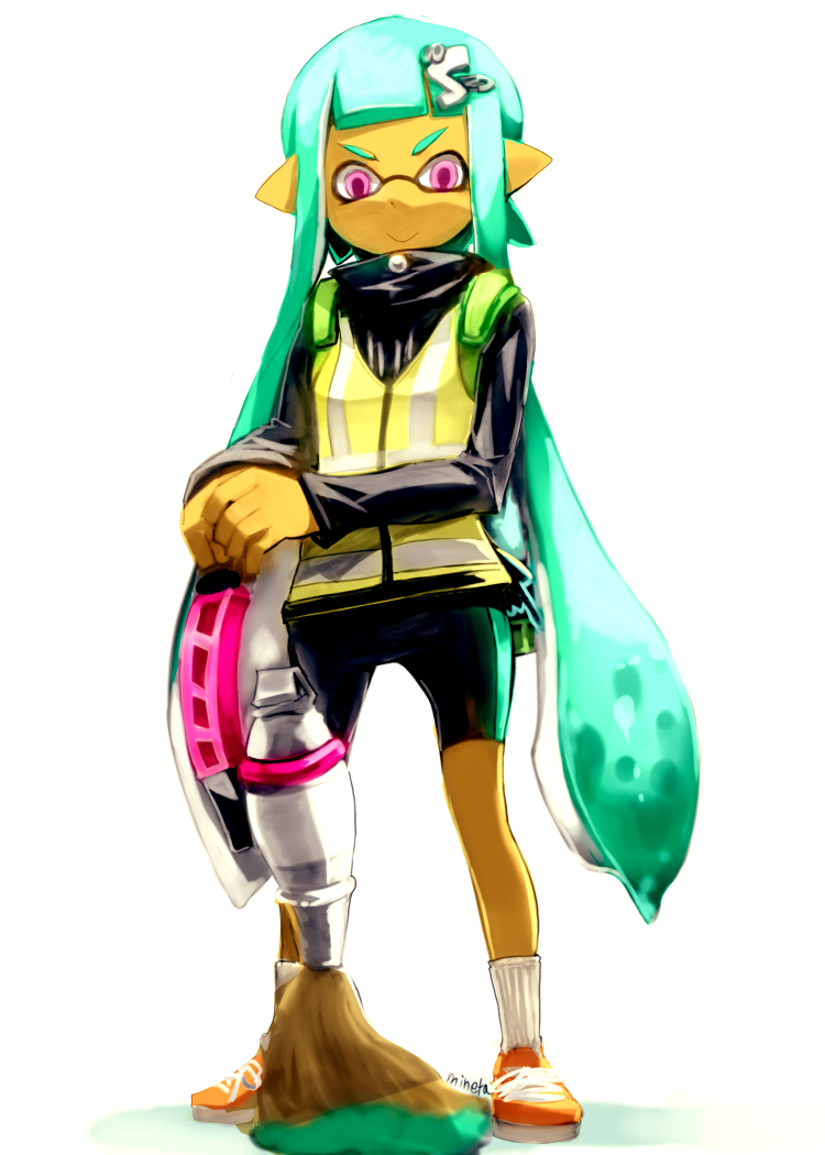 Safebooru - 1girl bike shorts black shorts domino mask full body green ...