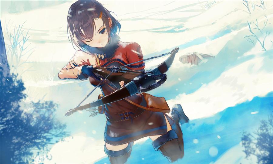 Safebooru - 1girl black gloves boots bow (weapon) brown eyes brown hair brown legwear crossbow ...