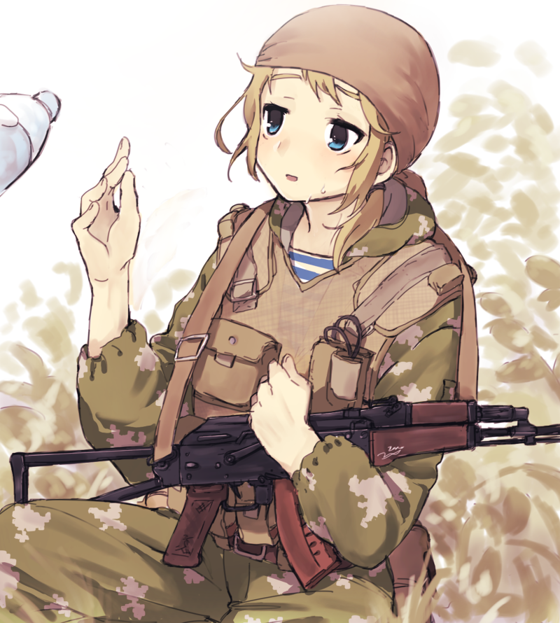 Safebooru Ak 74 Assault Rifle Bandana Blonde Hair Blue Eyes Bottle