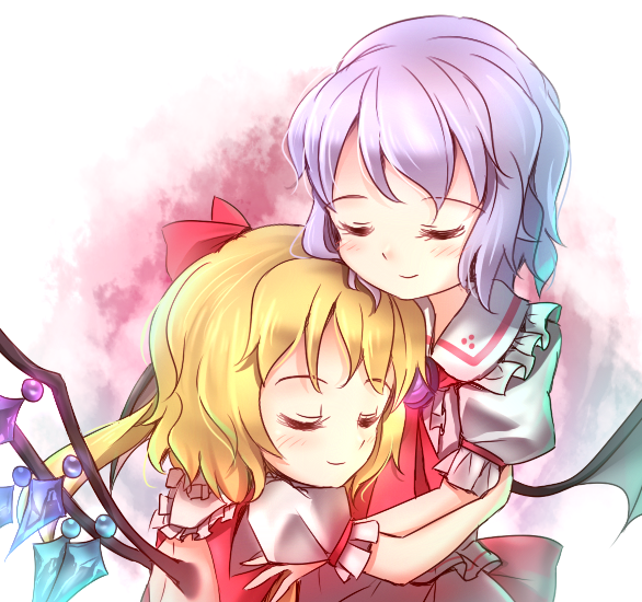 Safebooru - 2girls bat wings blonde hair brooch closed eyes cravat flandre scarlet gradient ...