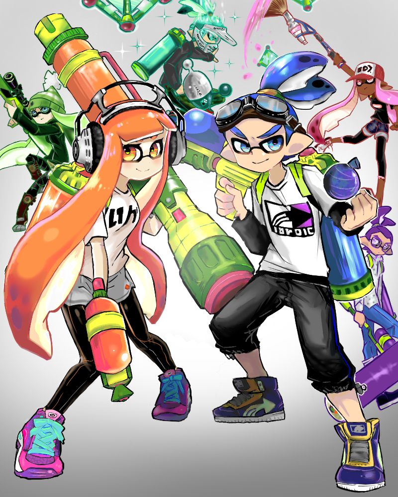 Safebooru - 2boys 3girls bangs blunt bangs burst bomb (splatoon) ink ...