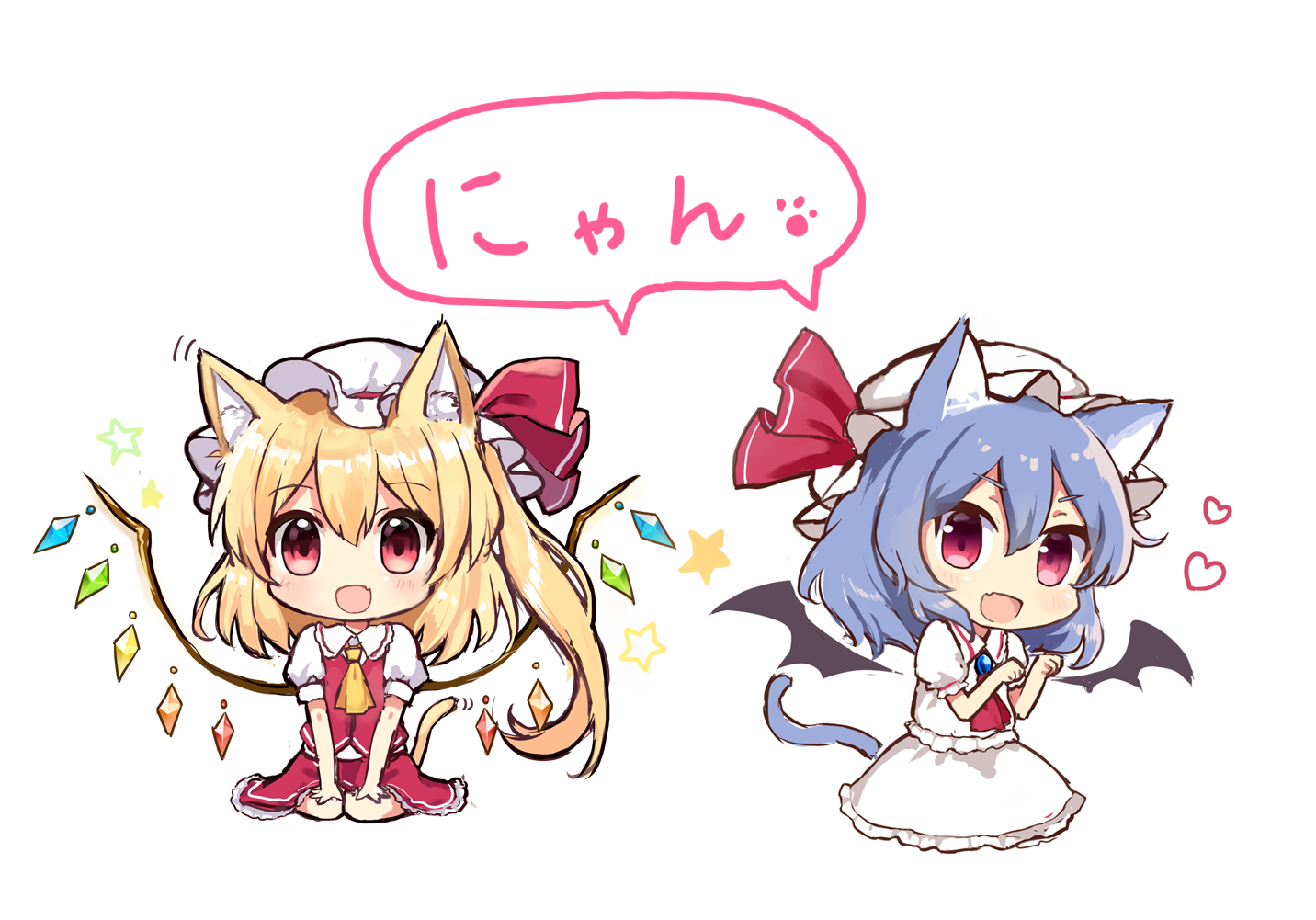 Safebooru - >:d 2girls :d animal ears ascot bat wings blonde hair blue hair blush bow brooch cat ...