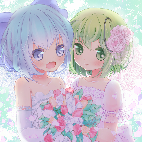 Safebooru - 2girls alternate costume antennae bare shoulders blue eyes blue hair blush bouquet ...