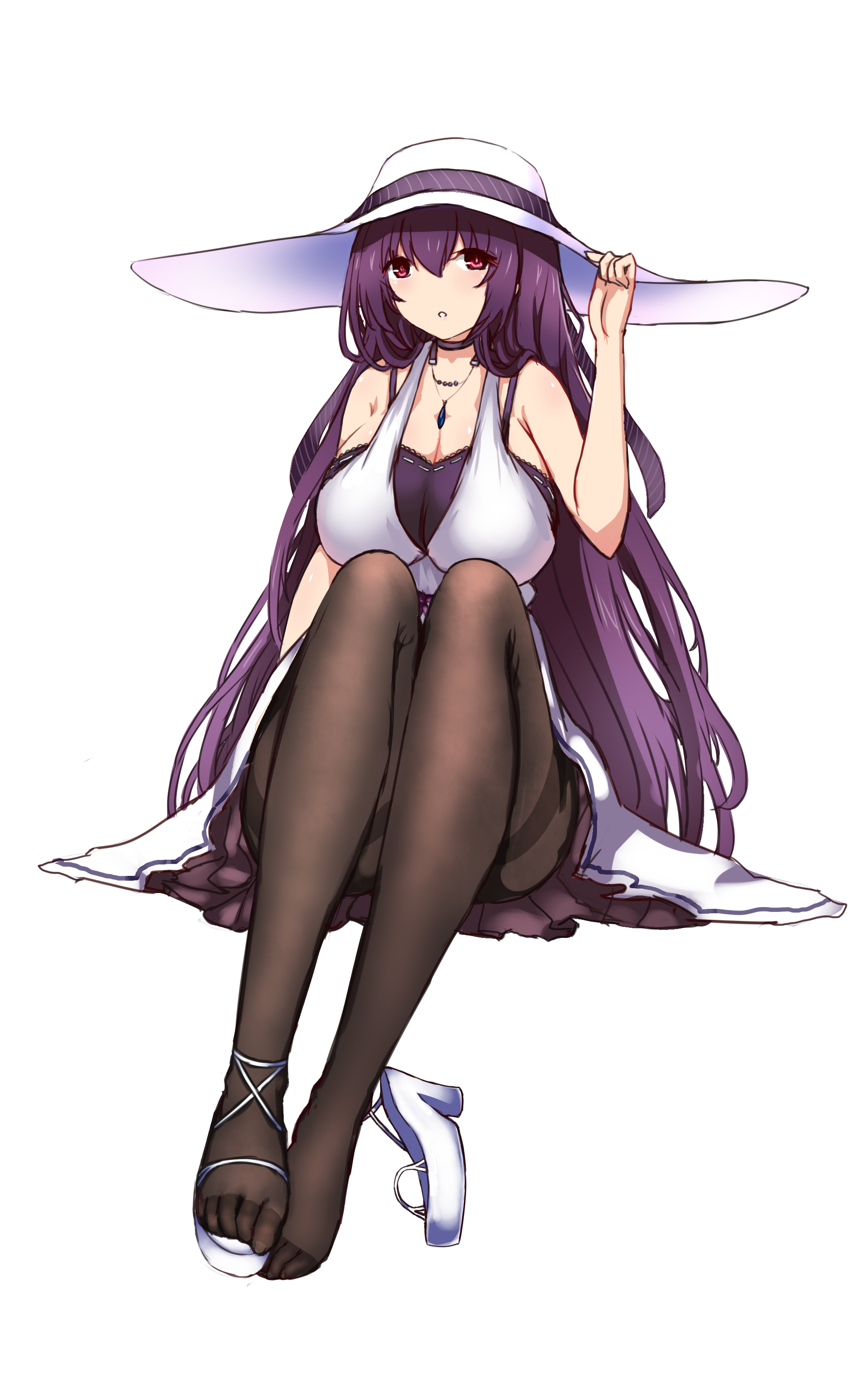 Safebooru - 1girl absurdres black hair black legwear breasts cleavage hat high heels highres hu ...