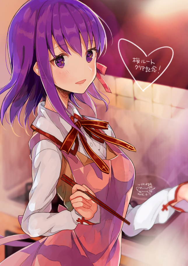 Safebooru - 1girl apron artist name bangs blush chopsticks dated eyebrows eyebrows visible ...