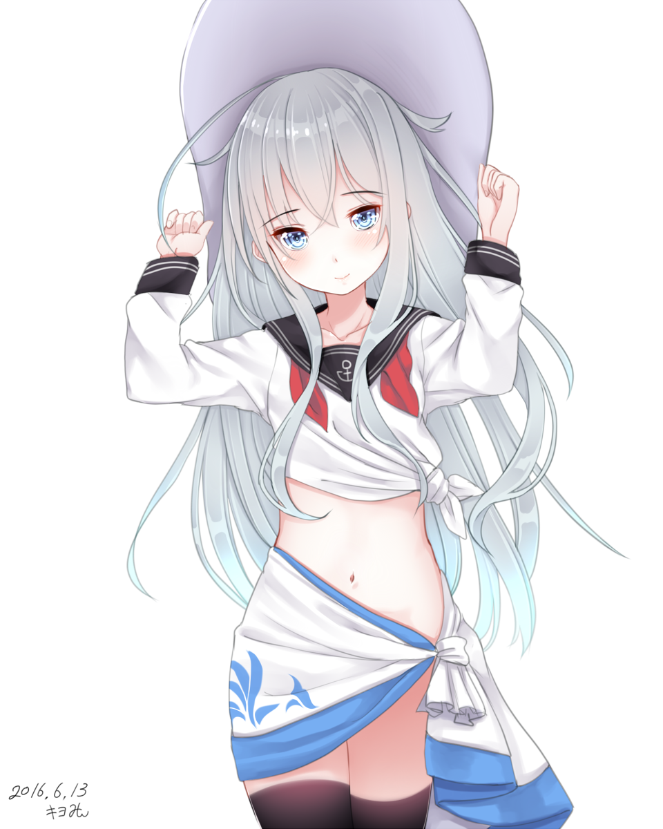 Safebooru - 1girl 2016 anchor symbol bangs black legwear blouse blue eyes blush closed mouth ...