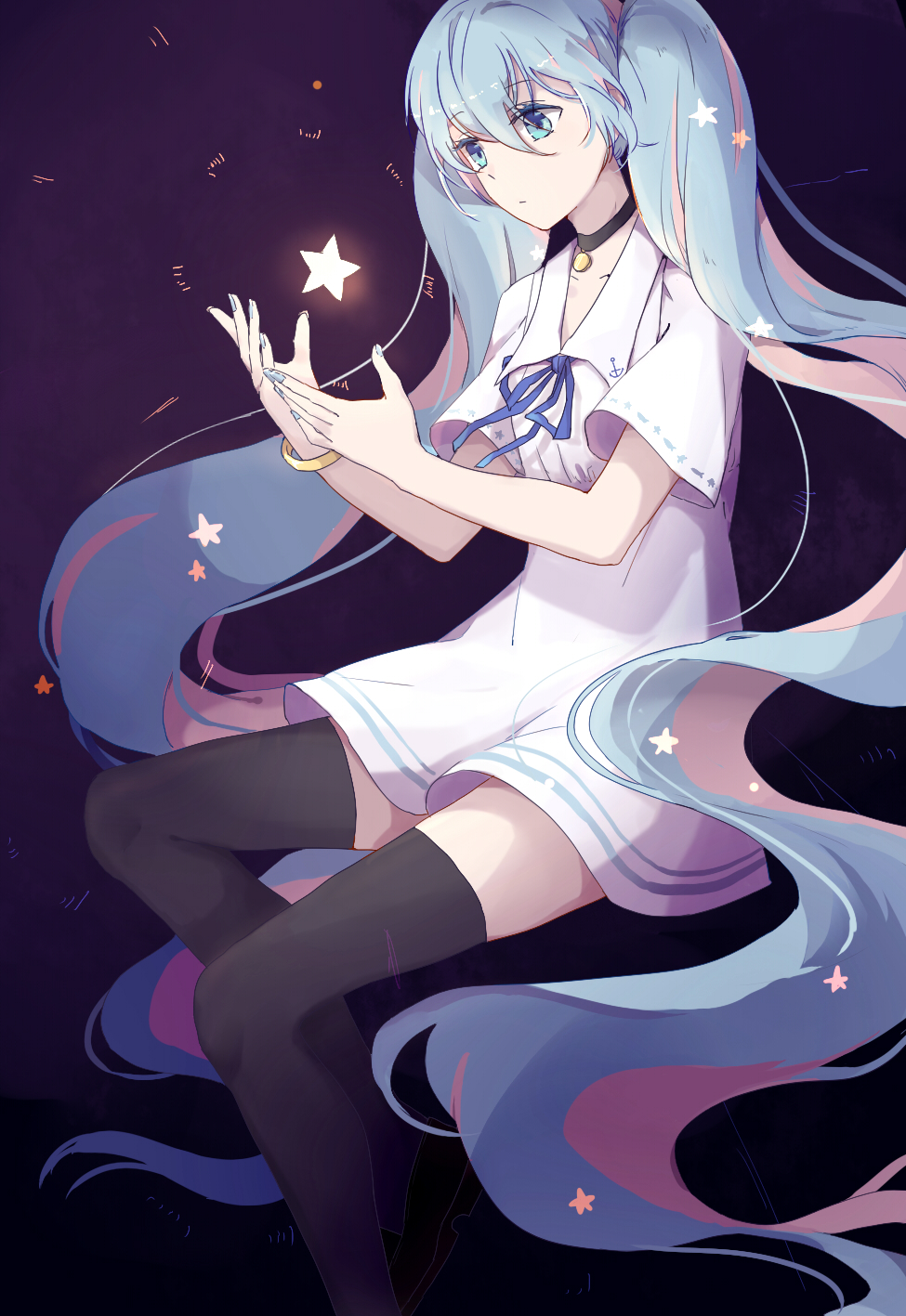 Safebooru - 1girl absurdly long hair aqua eyes aqua hair black legwear bracelet choker dress ...