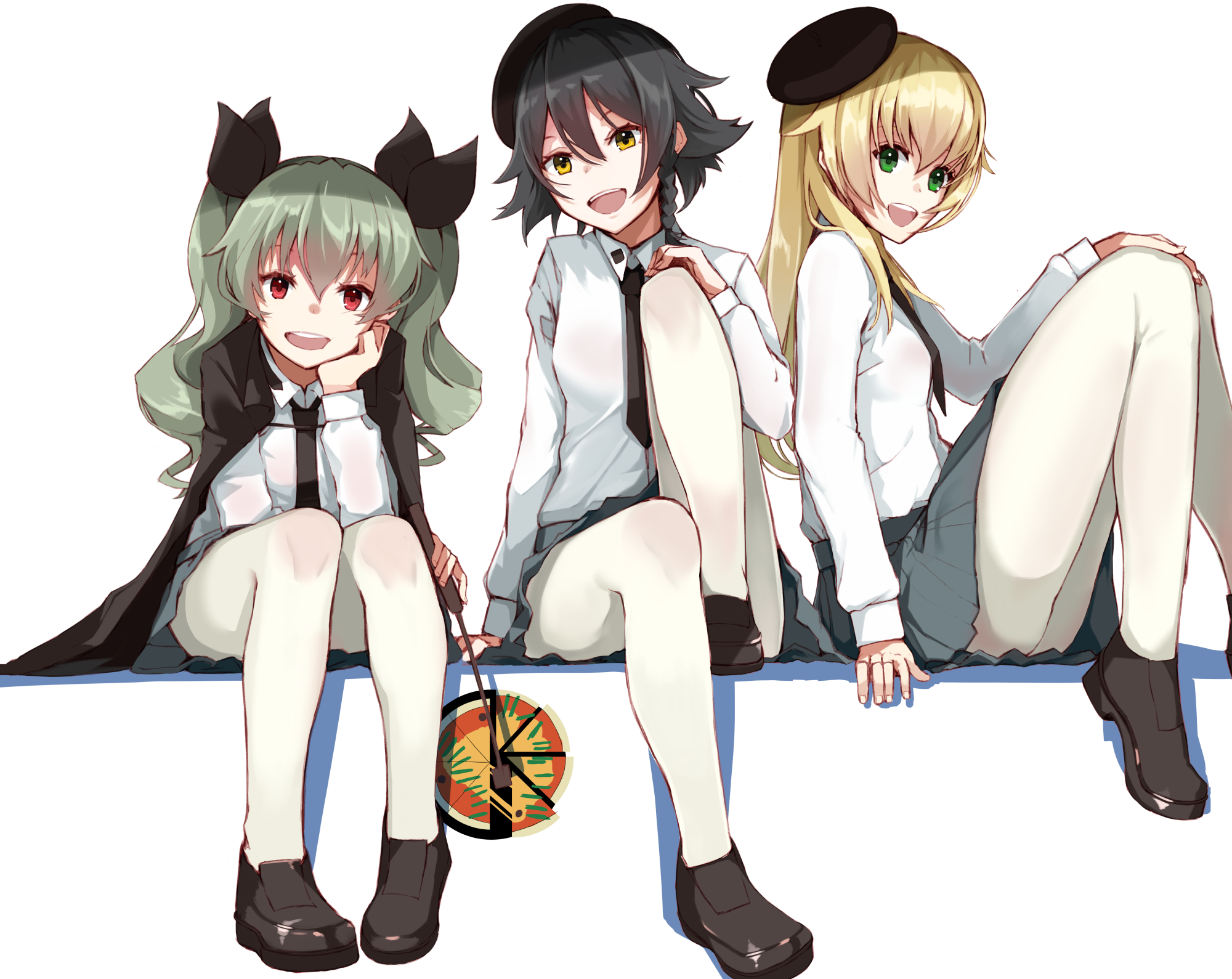 Safebooru - 3girls anchovy bangs beret black hair blonde hair blush brown eyes cape carpaccio ...