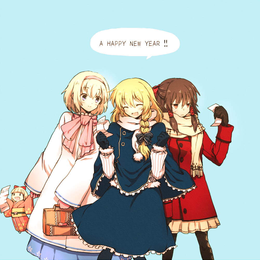 Safebooru - 3girls :d ^ ^ alice margatroid alternate costume annoyed bag black bow black gloves ...