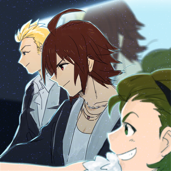 Safebooru - 3boys amagase touma blackish 961sp blonde hair brown hair green hair grin hairband ...