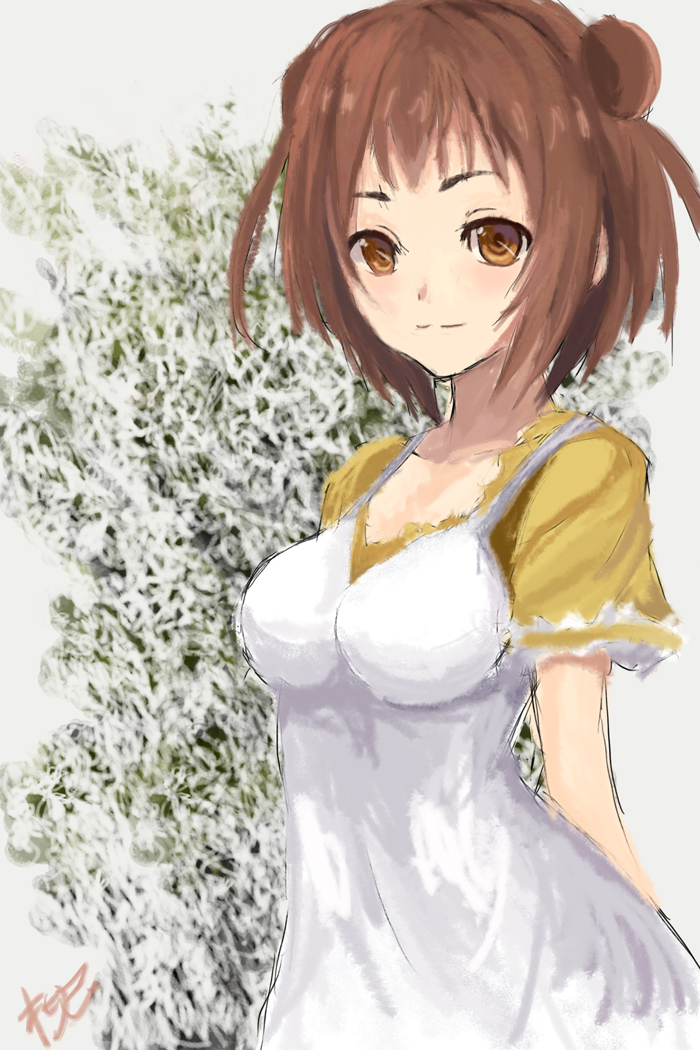Safebooru - 1girl alternate costume arm behind back artist name breasts brown eyes brown hair ...