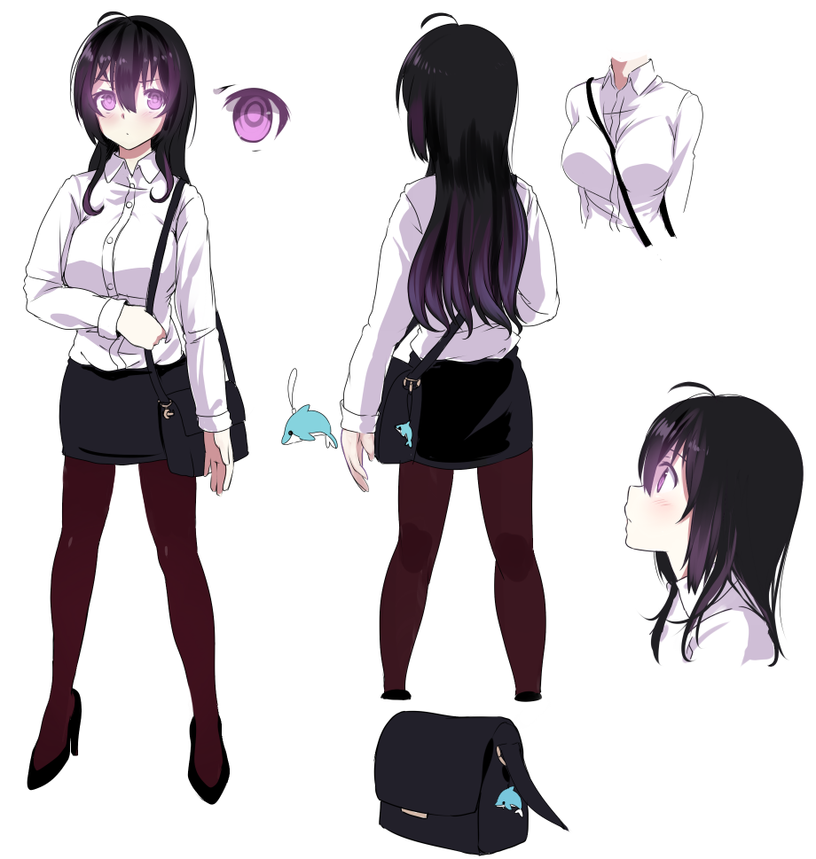 Safebooru - >:| 1girl ahoge arm at side bag beifeng han between breasts black hair black legwear ...