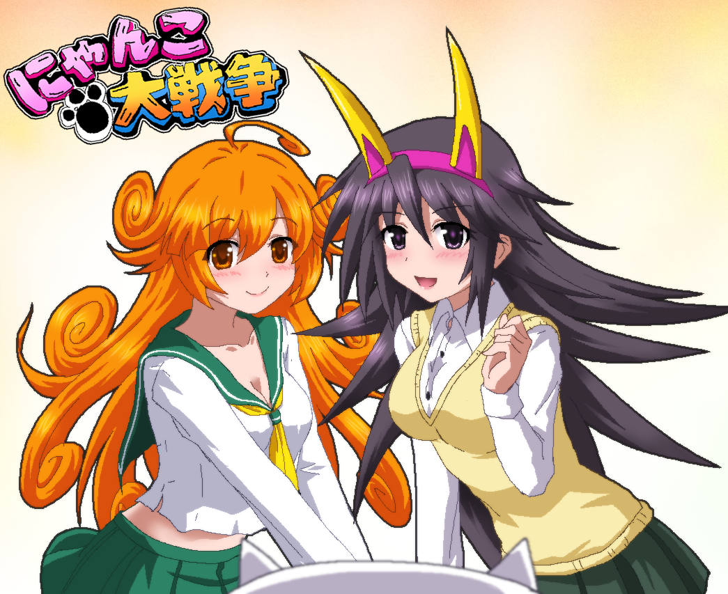 Safebooru - 2girls ahoge alternate costume black eyes black hair cat (battle cats) copyright ...