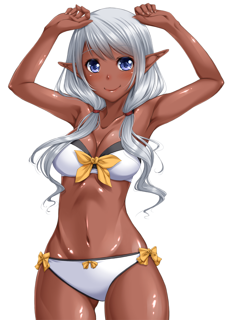 Safebooru - 1girl armpits arms up bare arms bare shoulders bikini blue eyes bow breasts chiro ...