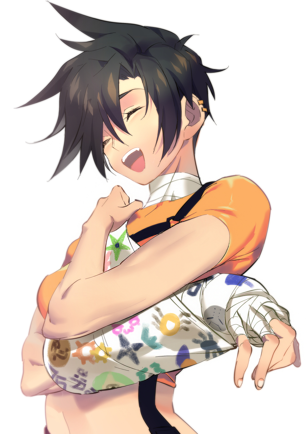 Safebooru - 1girl ^ ^ arm sling bandages black hair breasts child drawing closed eyes crop top ...