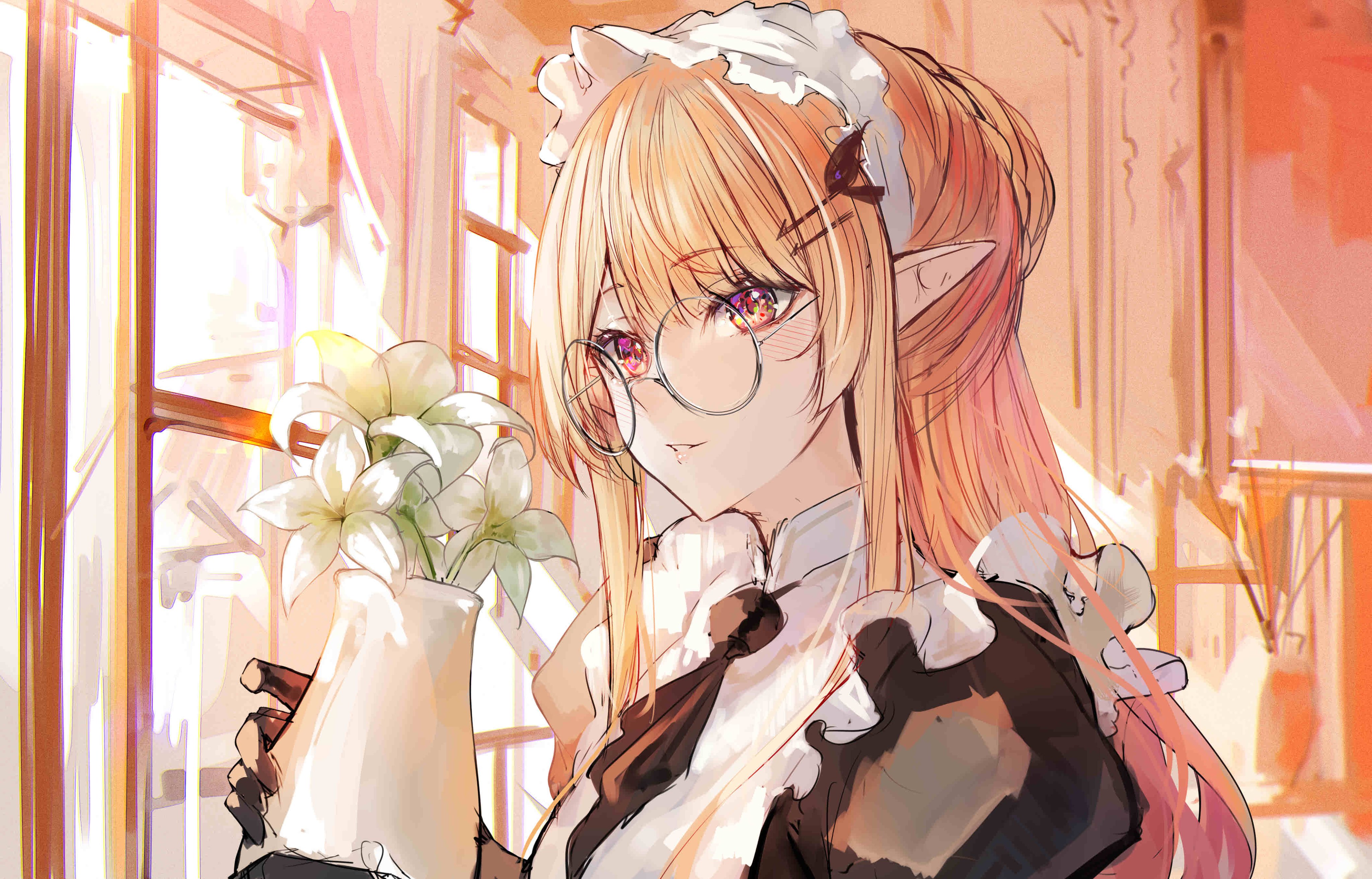 Safebooru - 1girl absurdres alternate costume apron black dress black gloves blonde hair blush ...