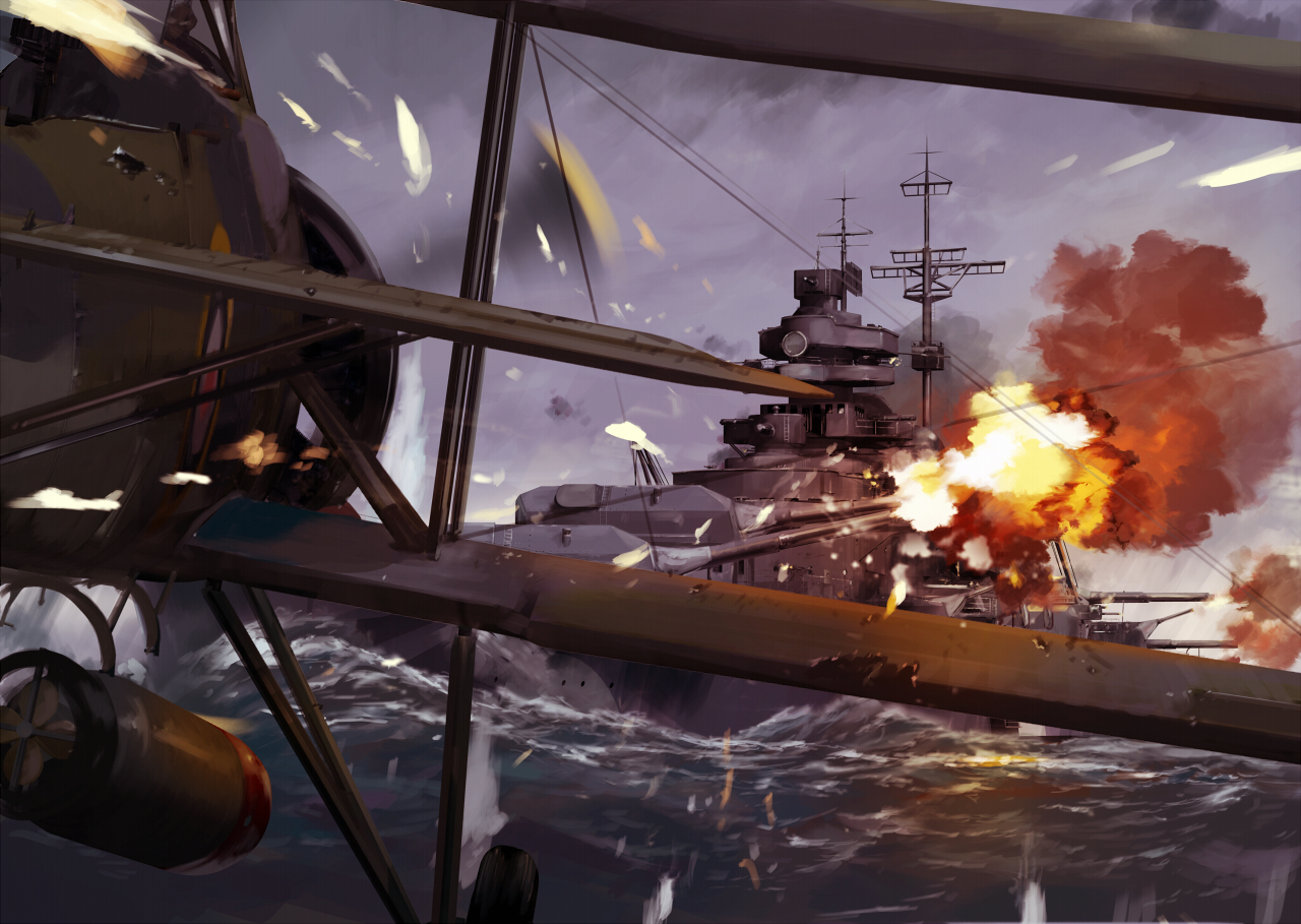 Safebooru - aircraft airplane battle battleship biplane bismarck ...