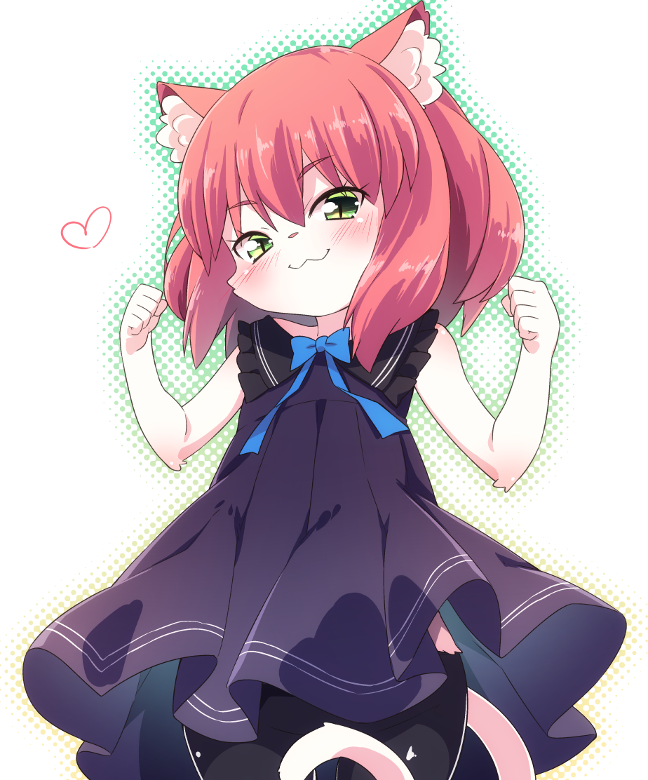 Safebooru - 1girl :3 animal ears arms up black dress black legwear brown hair cat ears clenched ...