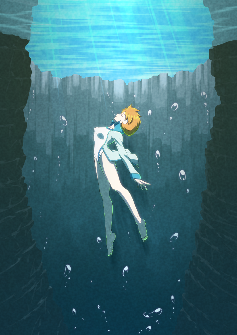 Safebooru - 1girl air bubble bare legs barefoot bubble closed eyes diving freediving holding ...