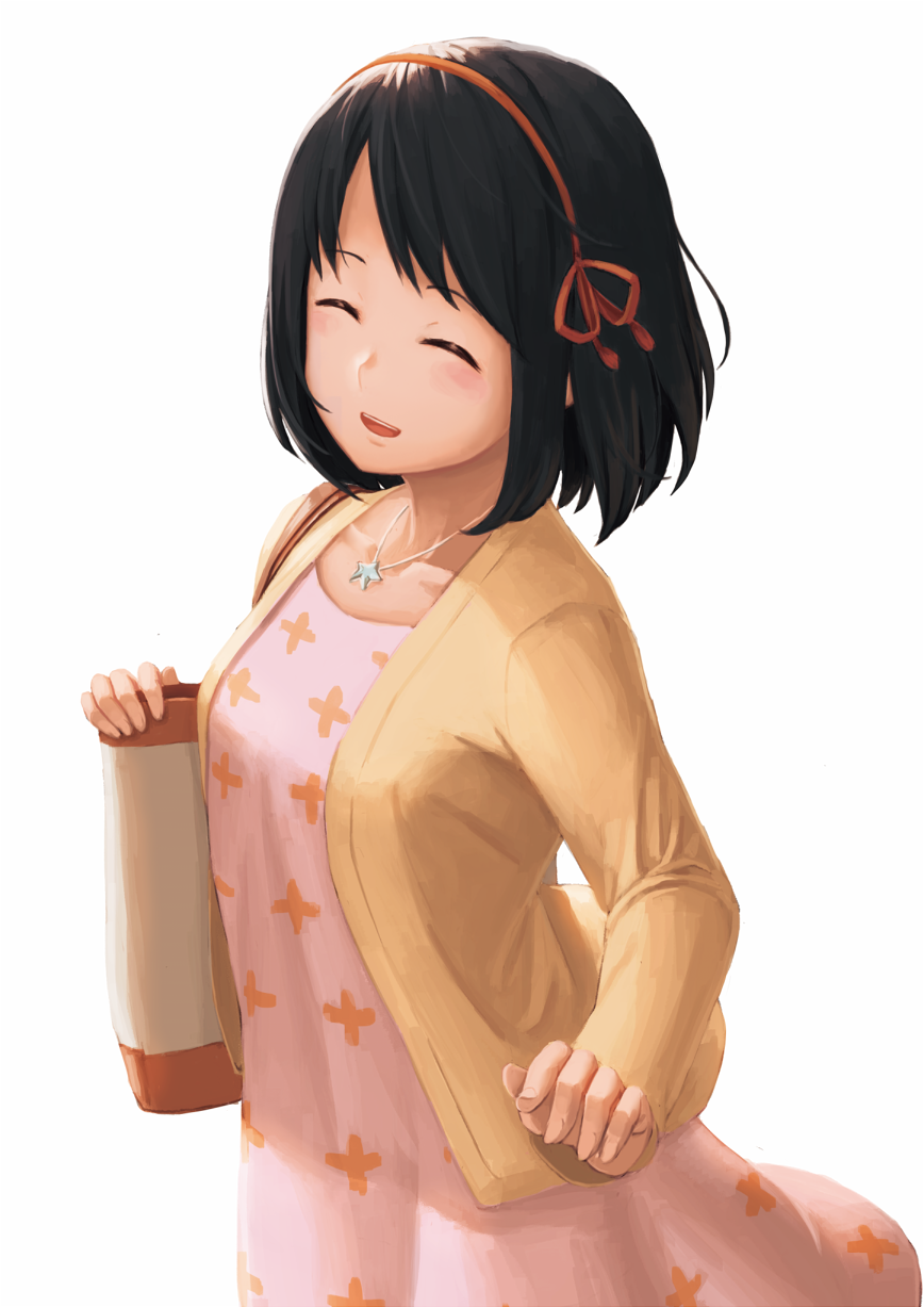 Safebooru - 1girl bag black hair blush closed eyes hair ribbon highres ...