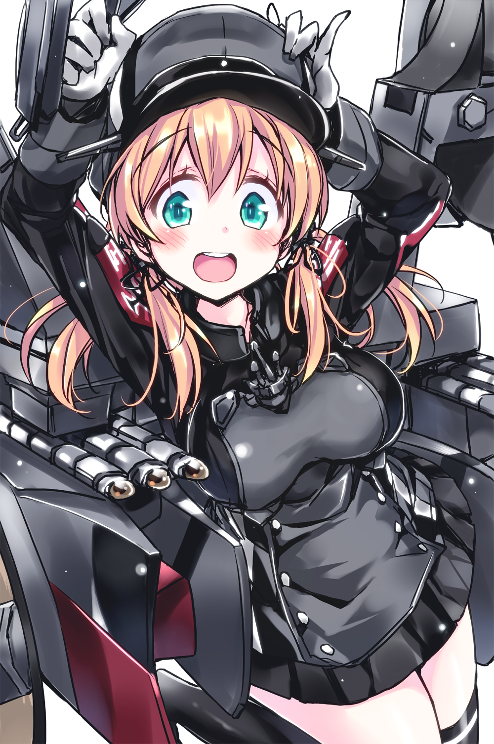 Safebooru - 1girl :d anchor hair ornament aqua eyes arms up blonde hair blush bulbonne ...
