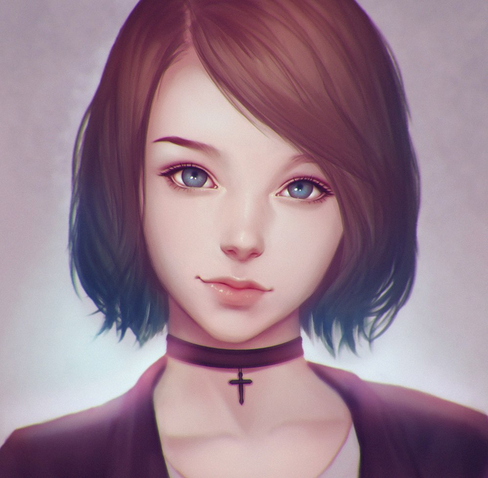 Safebooru - 1girl bangs black choker blue eyes brown hair choker closed mouth cross eyebrows ...