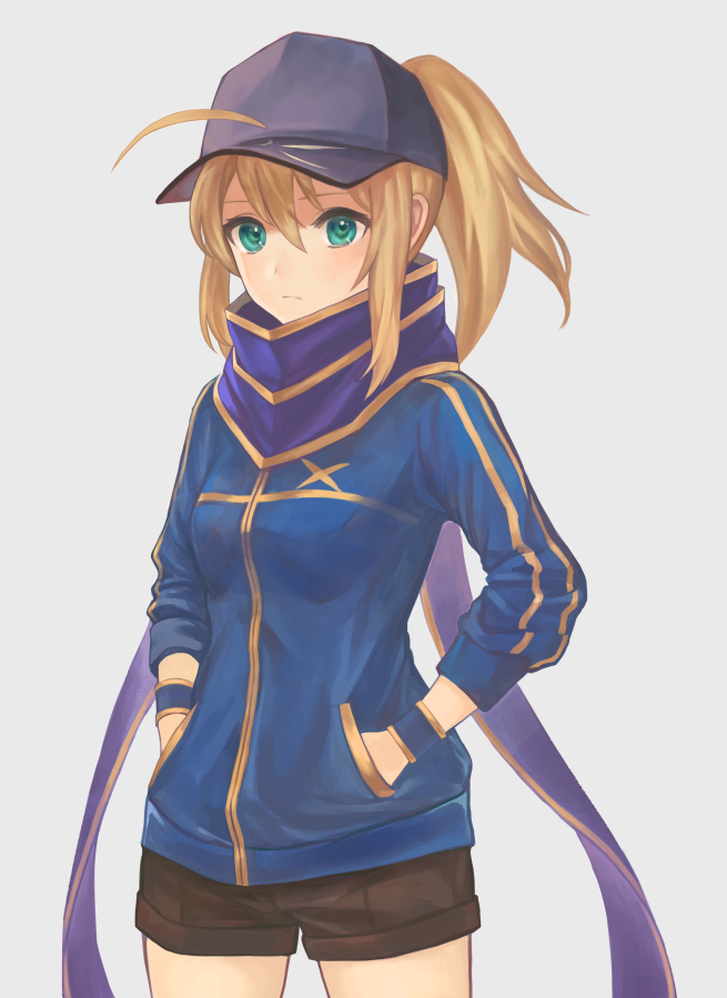 Safebooru - 1girl ahoge baseball cap blonde hair blue jacket blue scarf breasts brown shorts ...