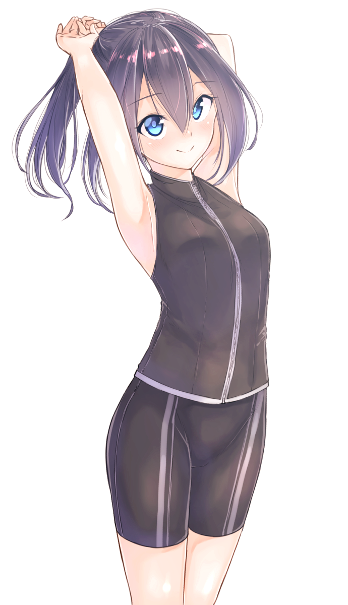 Safebooru - 1girl armpits arms up bike shorts black hair blue eyes closed mouth commentary ...