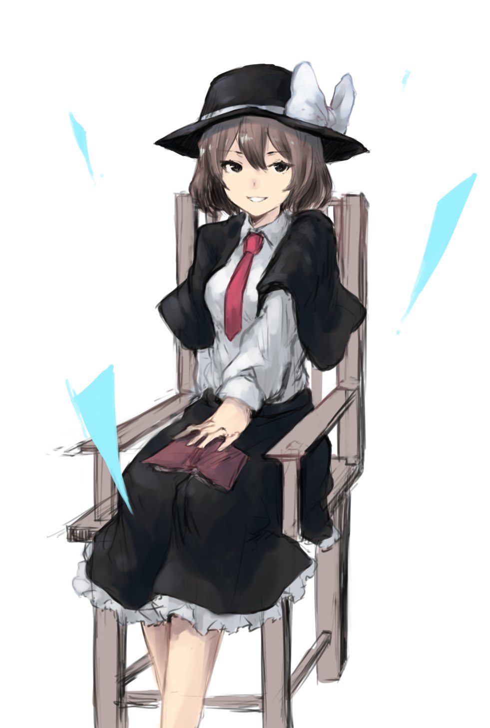 Safebooru - 1girl black hat black skirt book bow brown eyes brown hair capelet chair frilled ...