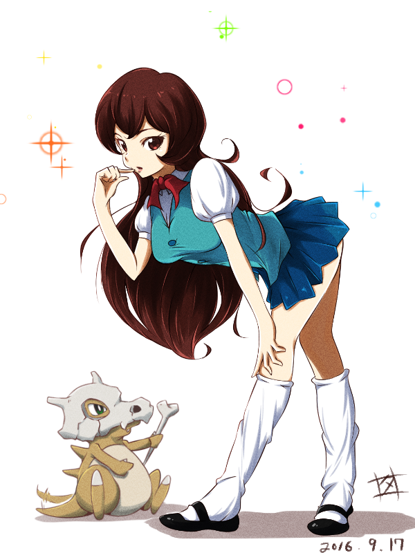 Safebooru 1girl Bent Over Black Hair Cubone Finger To Mouth Flats 3013