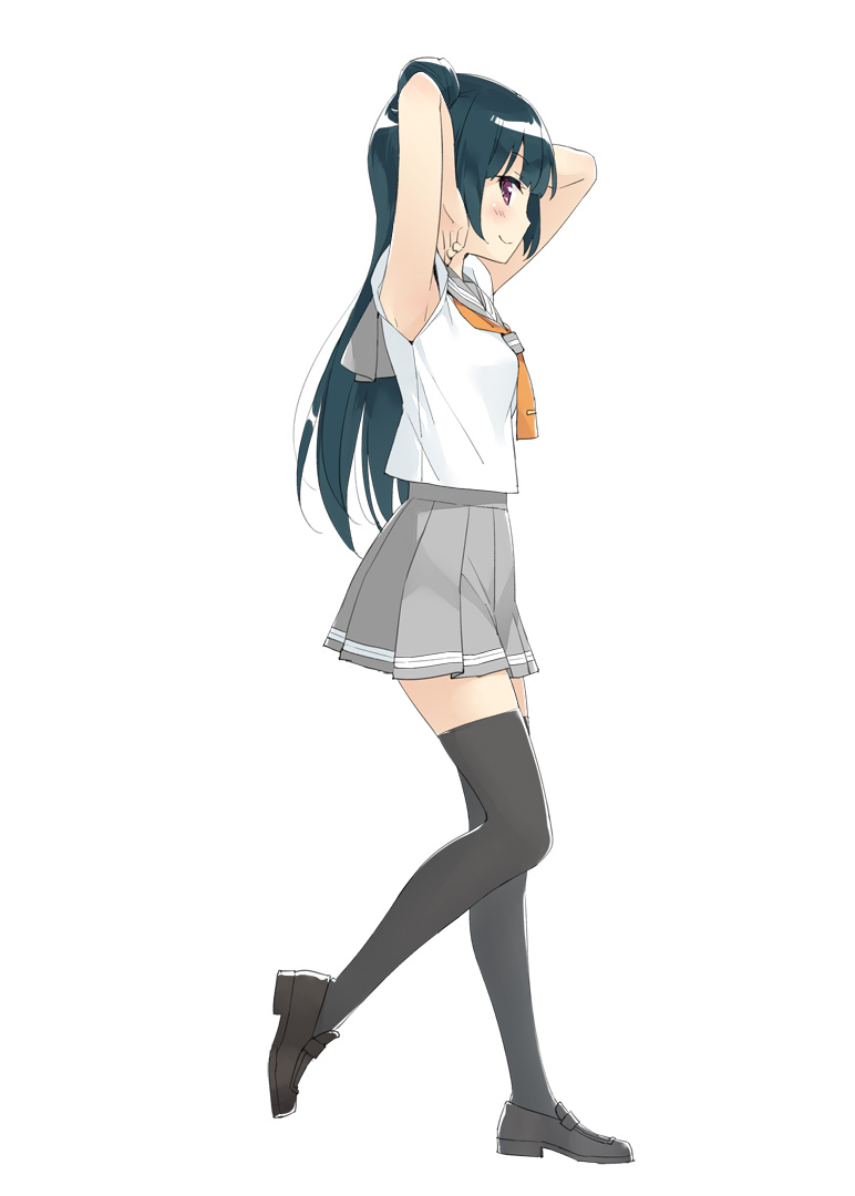 Safebooru - 1girl armpits arms behind head arms up black hair black legwear blush hair bun ...