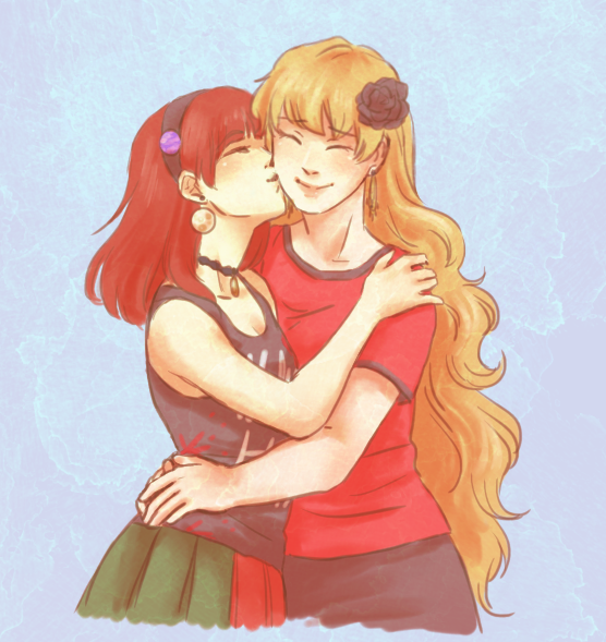 Safebooru - 2girls alternate costume alternate headwear blonde hair casual closed eyes clothes ...