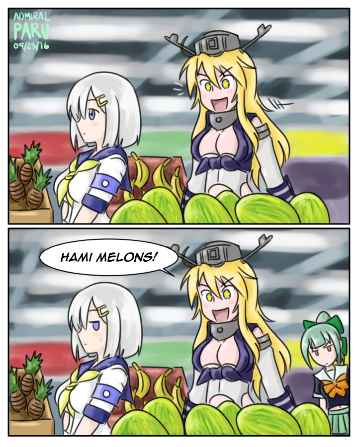 Safebooru - 3girls admiral paru banana blonde hair blue eyes blush breasts cleavage comic ...