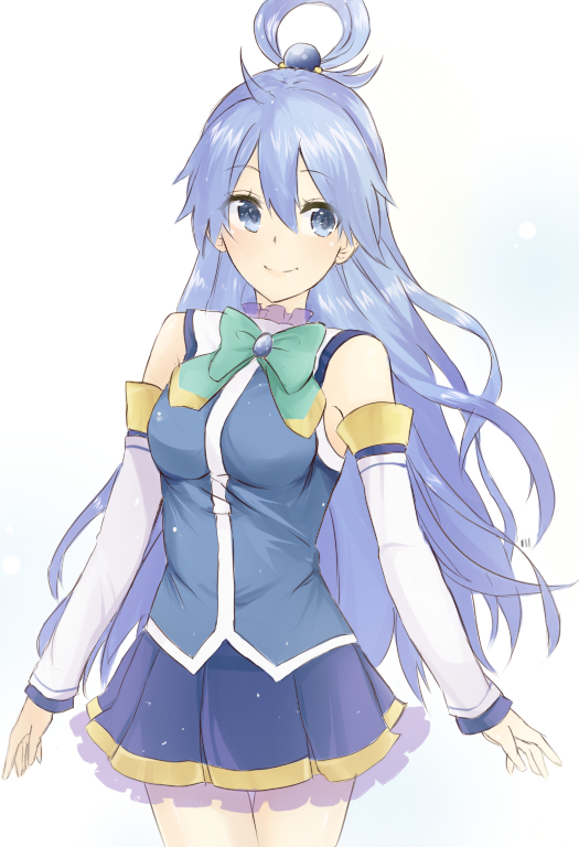Safebooru - 1girl aqua (konosuba) blue eyes blue hair blue shirt blue skirt detached sleeves ...