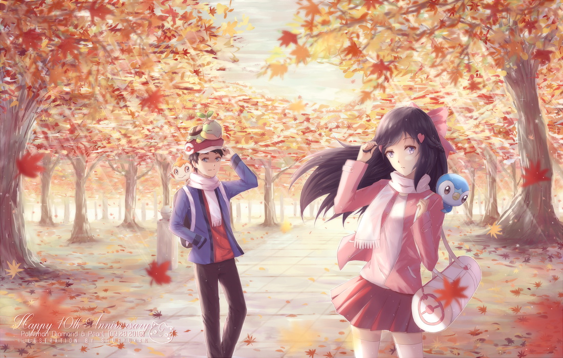 Safebooru - 1boy 1girl anniversary autumn autumn leaves bag chimchar ...