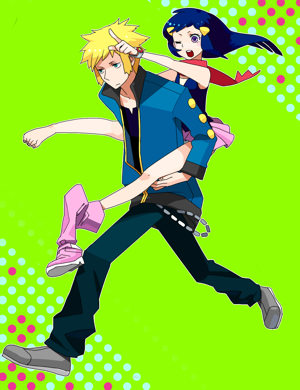 Safebooru - 1boy 1girl barefoot blonde hair blue hair boots carrying ...