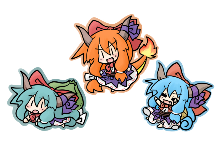 Safebooru - blue hair bow bulbasaur charmander chibi fang fire horns ...