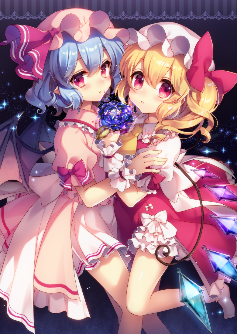 Safebooru - 2girls ascot bat wings blonde hair blue hair blush brooch flandre scarlet flower hat ...