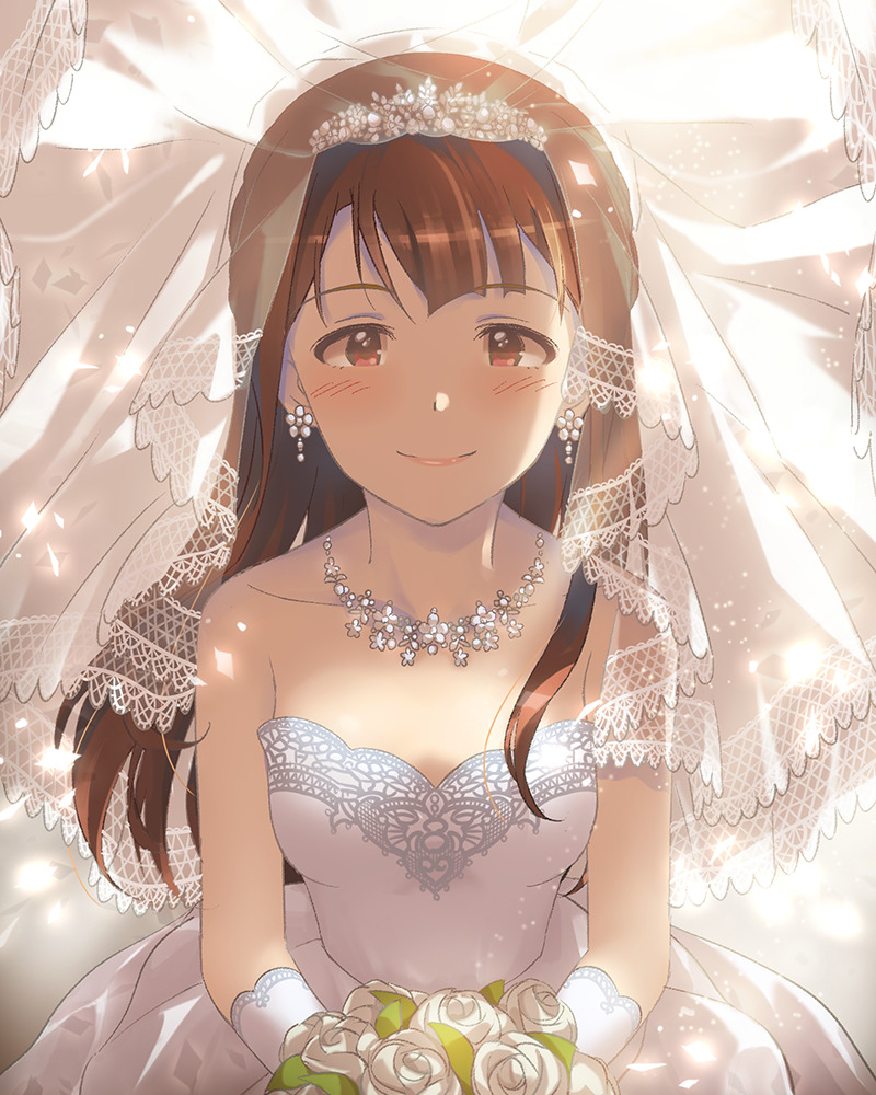 Safebooru - 1girl blush bouquet bridal veil brown eyes brown hair dress flower gloves idolmaster ...