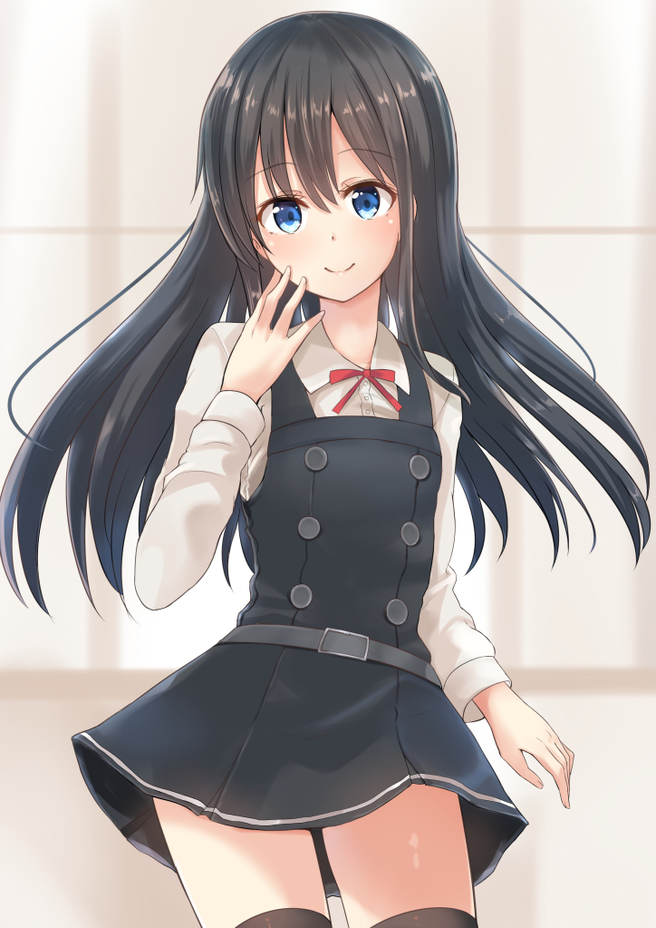 Safebooru - 1girl asashio (kantai collection) black hair blue eyes blush cowboy shot dress ...