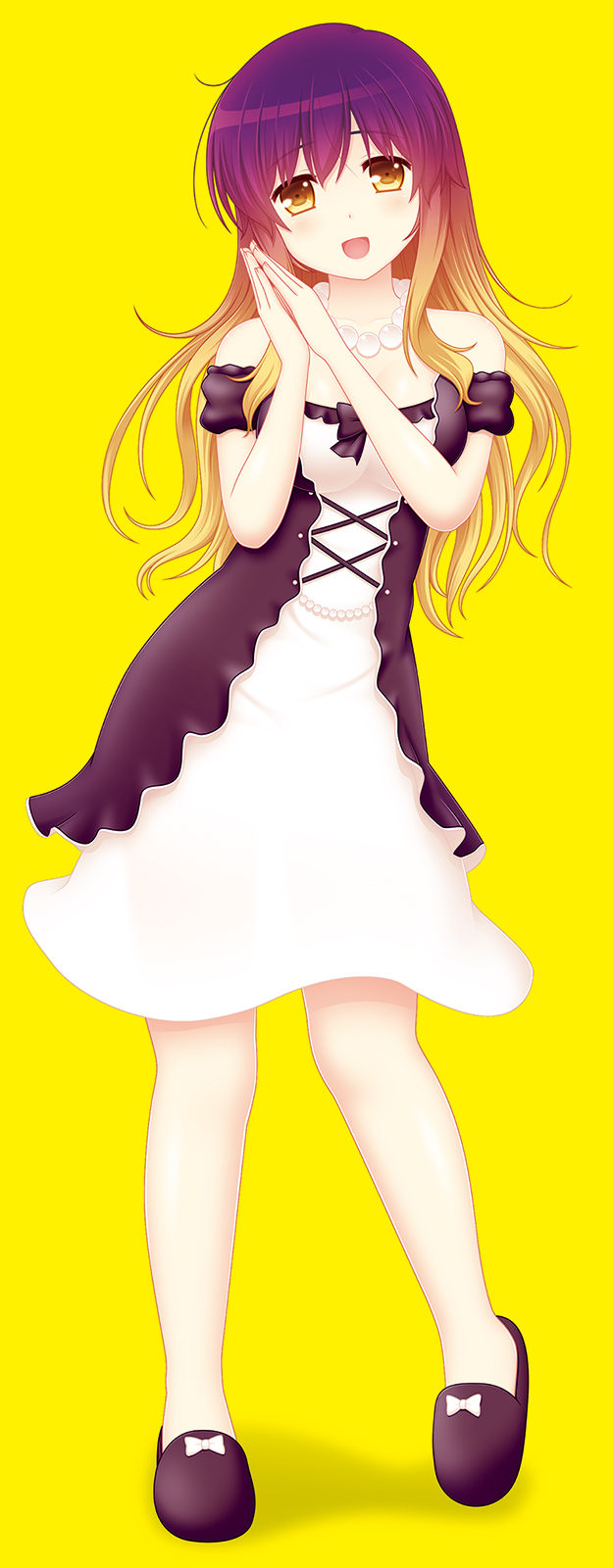 Safebooru - 1girl :d adapted costume bare shoulders bead necklace beads black dress blonde hair ...