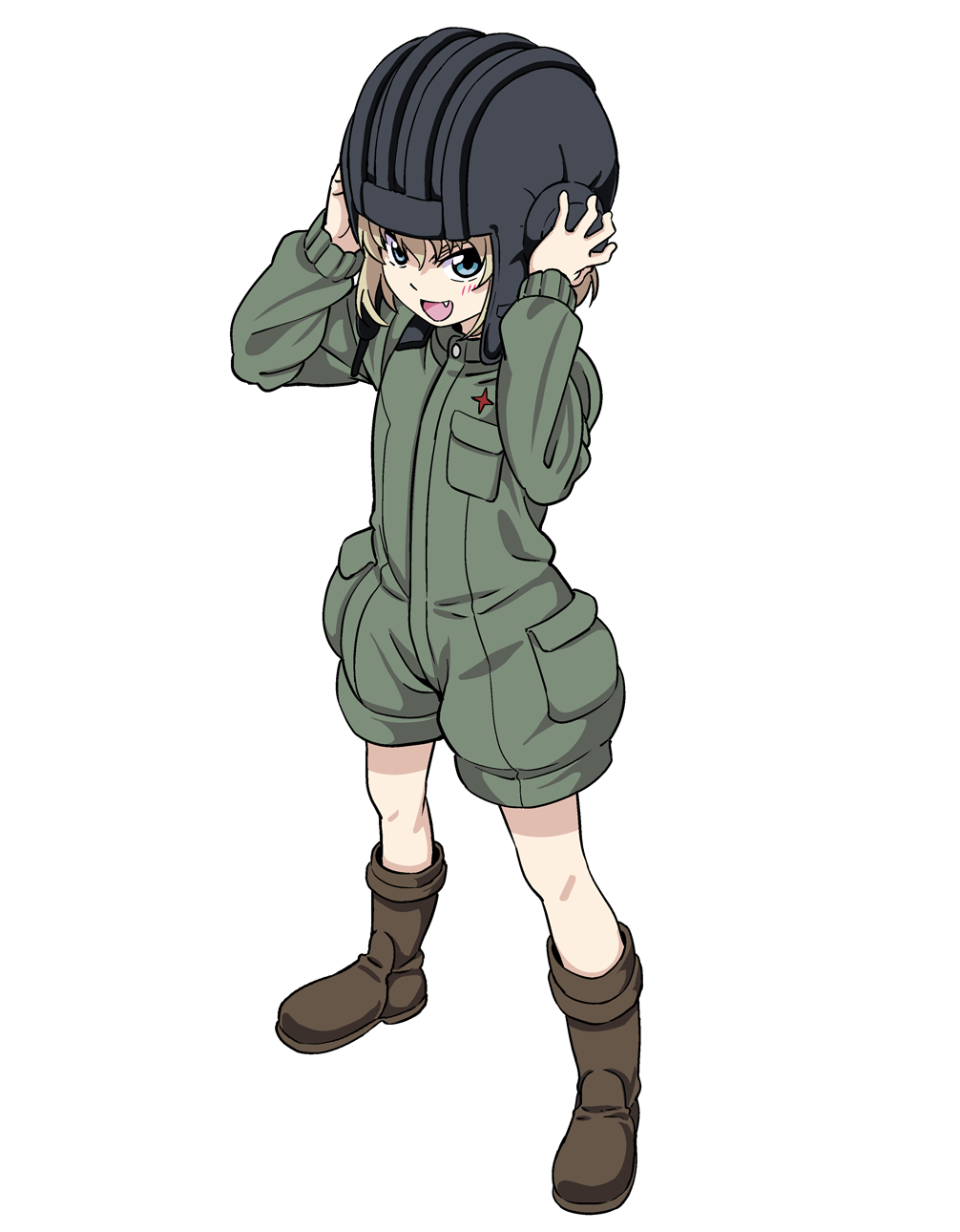 Safebooru - 1girl bangs black boots blonde hair blue eyes boots emblem fang full body girls und ...